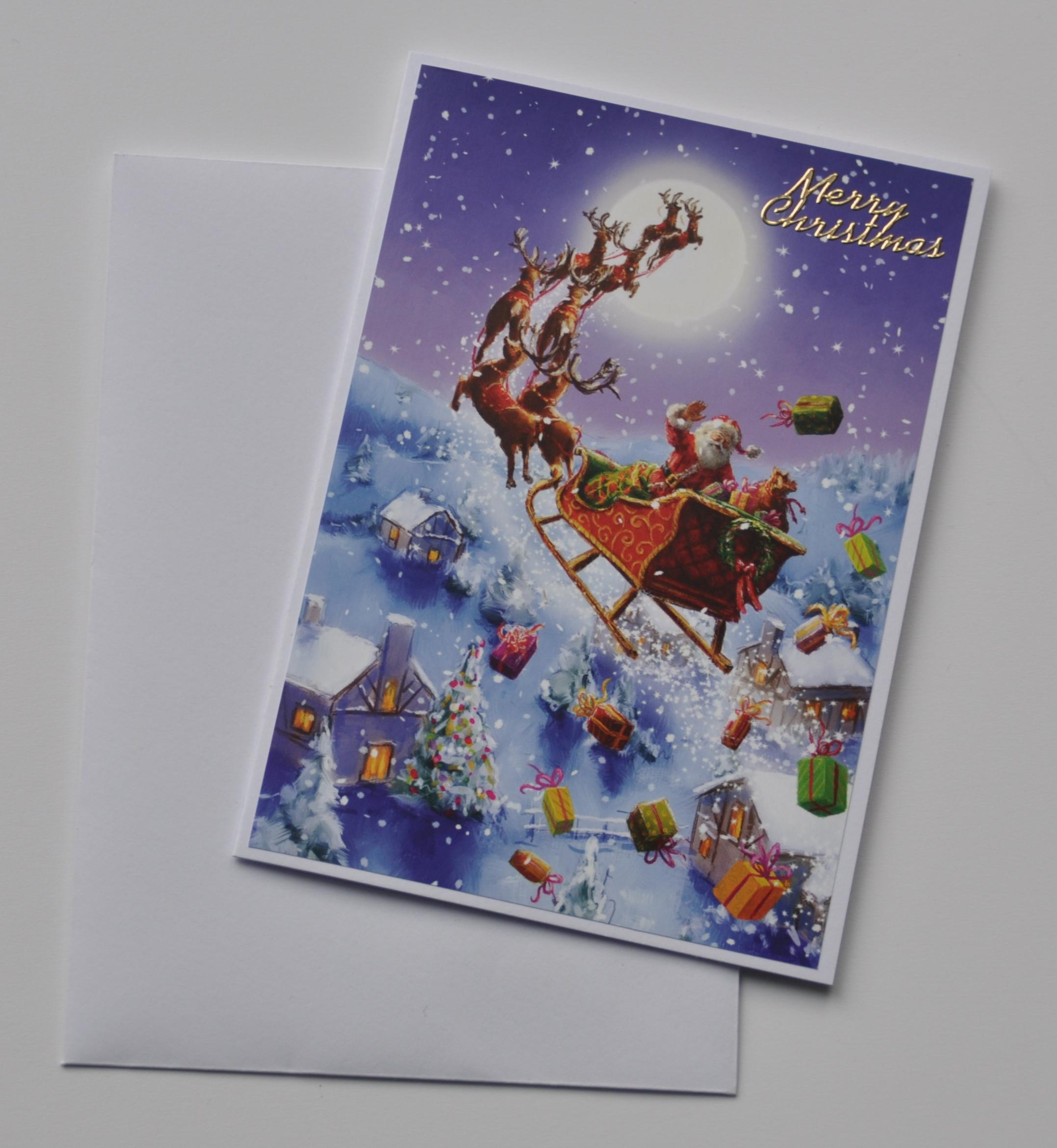 Handmade Christmas Card - Flying Santa and Reindeer Merry Christmas