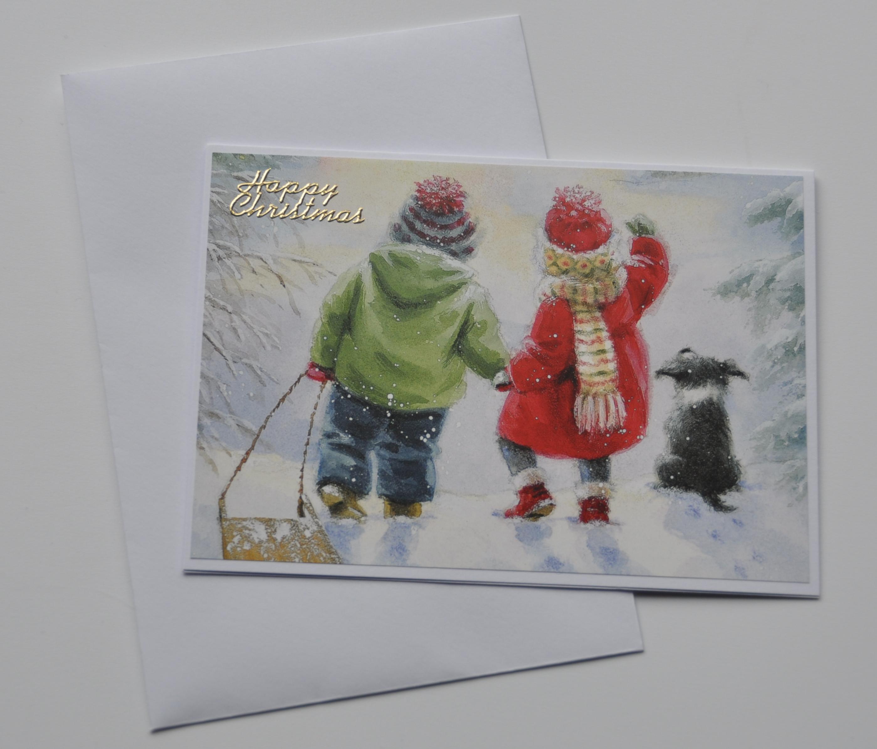 Handmade Christmas Card - Sledding Children Happy Christmas