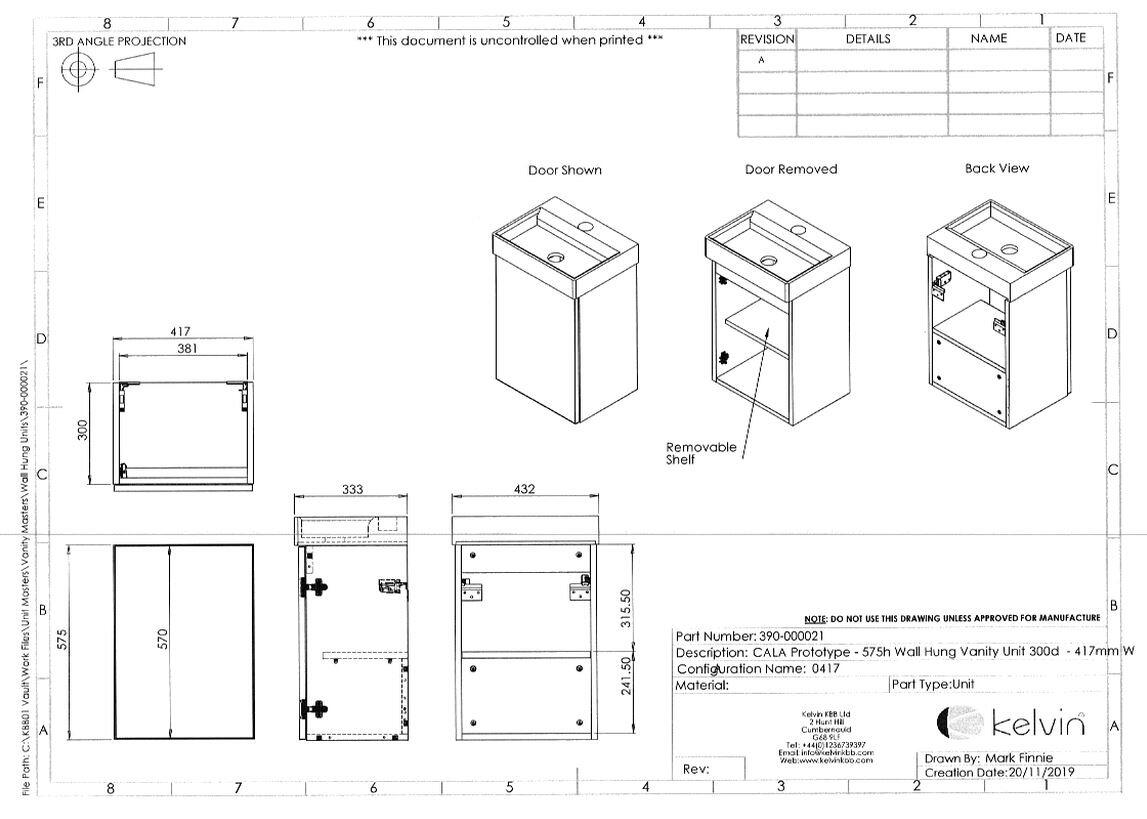 VAN CALA - 471mm (w) x (575mm (h) x 300 (d) wall hung vanity unit with ...