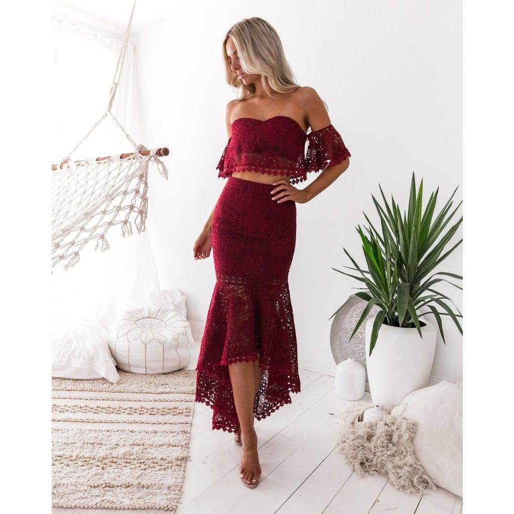 Off Shoulder Embroidered Croptop And Matching Bottom Set
