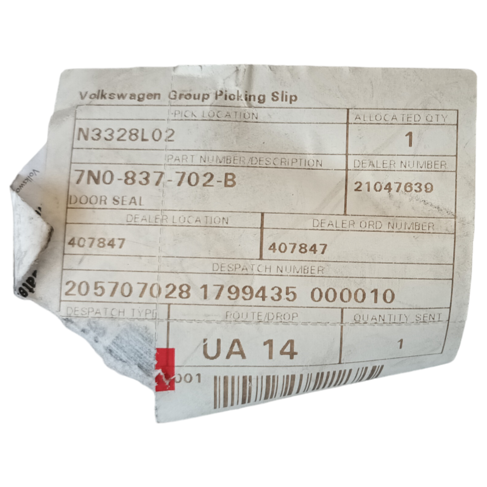 Genuine Volkswagen Sharan SEAT Alhambra RH OS Front door seal 7N0837702B