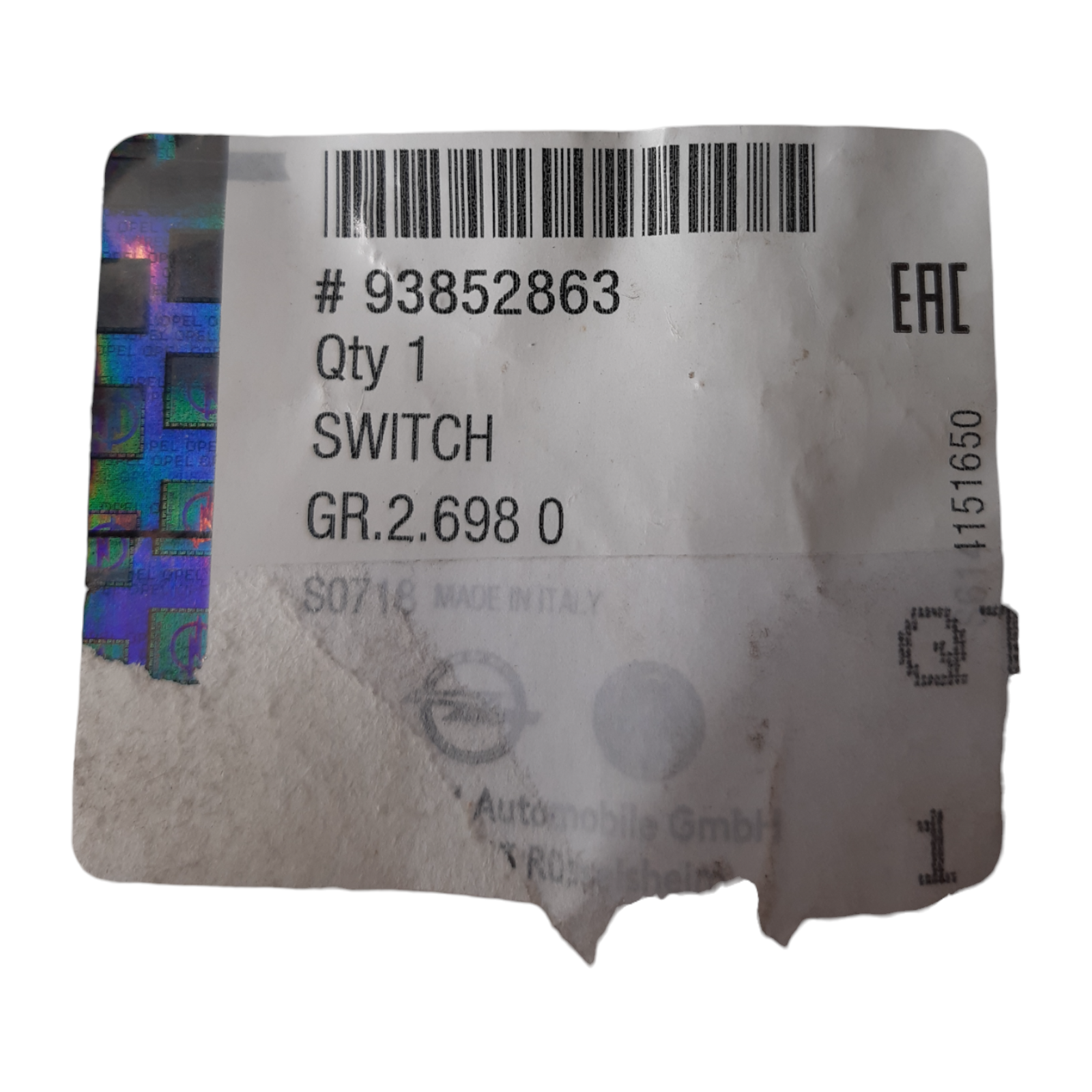 Genuine Vauxhall Brake light switch 93852863