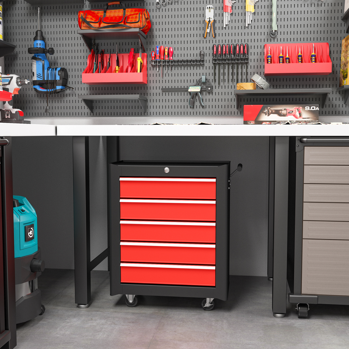 HOMCOM 5-Drawer Tool Chest Steel Lockable Tool Storage Cabinet w/ Whee