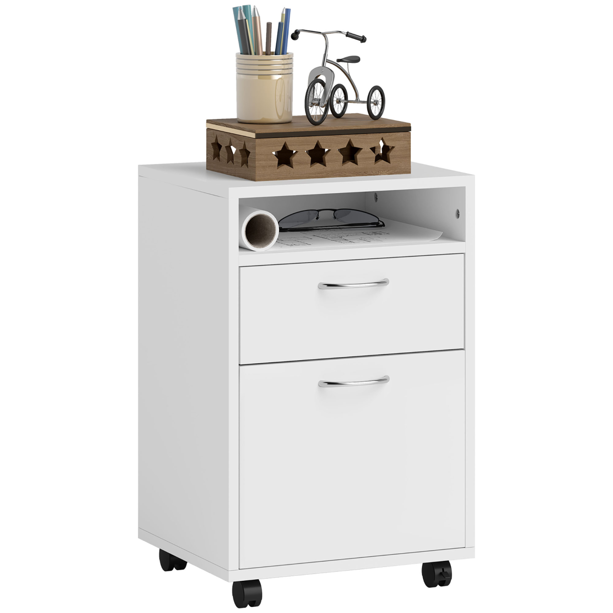 HOMCOM 60cm Storage Cabinet w/ Drawer Open Shelf Metal Handles 4 Wheels ...