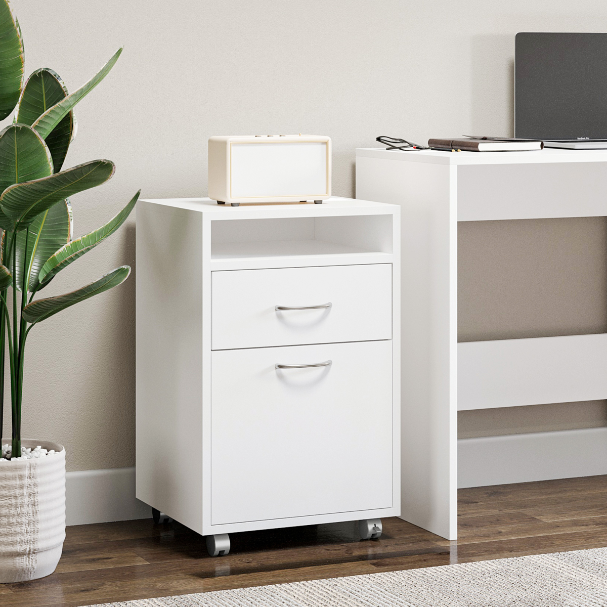HOMCOM 60cm Storage Cabinet w/ Drawer Open Shelf Metal Handles 4 Wheels ...