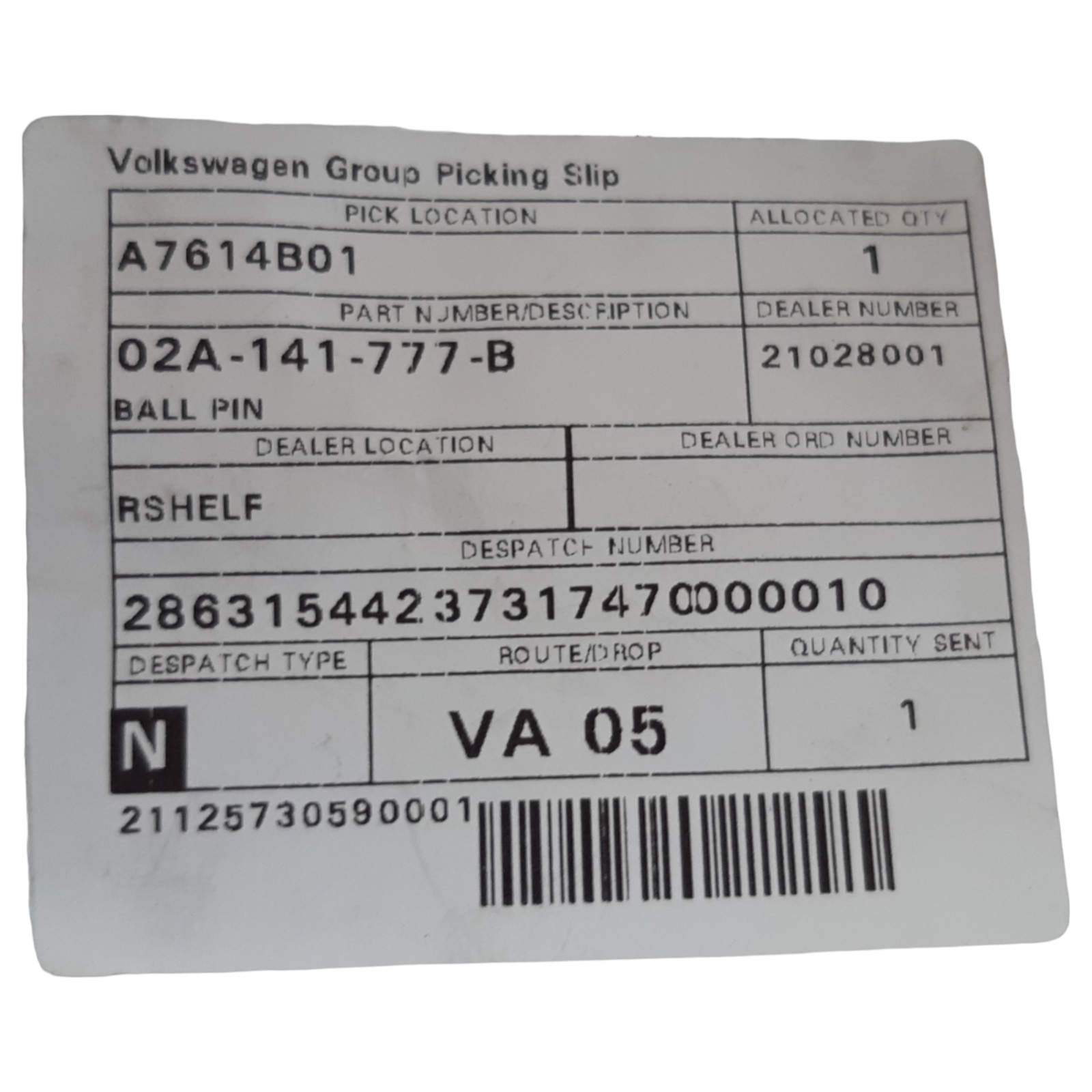 Genuine Volkswagen Clutch release stud pin 02A141777B