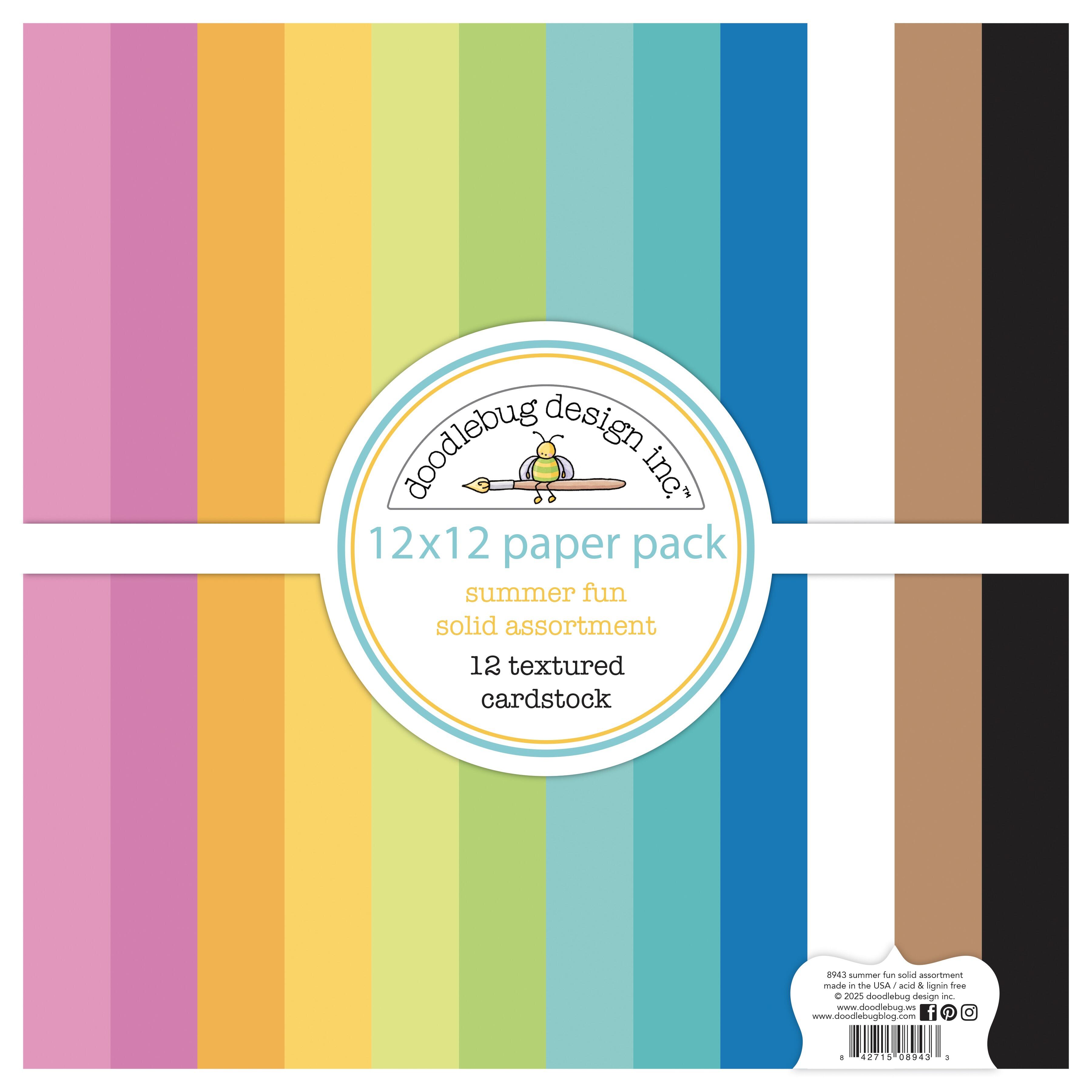 Doodlebug 12x12 Paper Pack - Textured Cardstock Assortment - Summer Fun Collection; 12 sheets