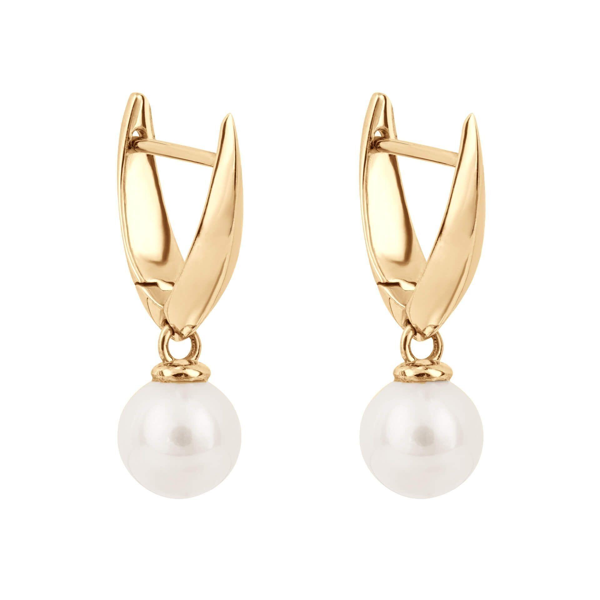 9ct Gold with Pearl Knife Edge Hoop Earrings