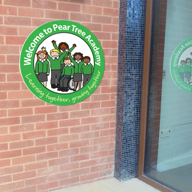 Circular Welcome Sign with Children in Uniform