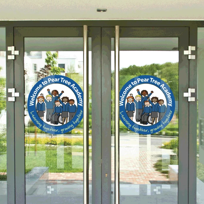 Circular Welcome Sign with Children in Uniform