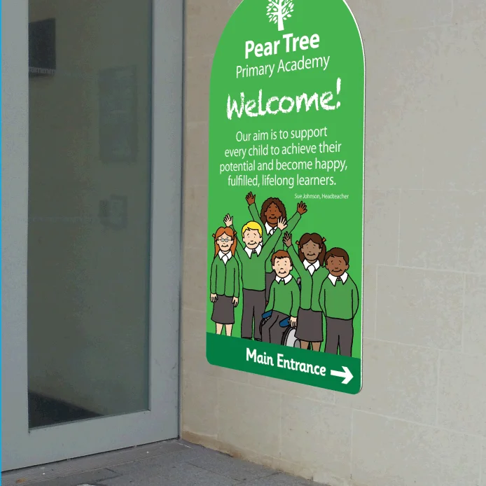 Round Topped Welcome Sign with Children and Mission Statement