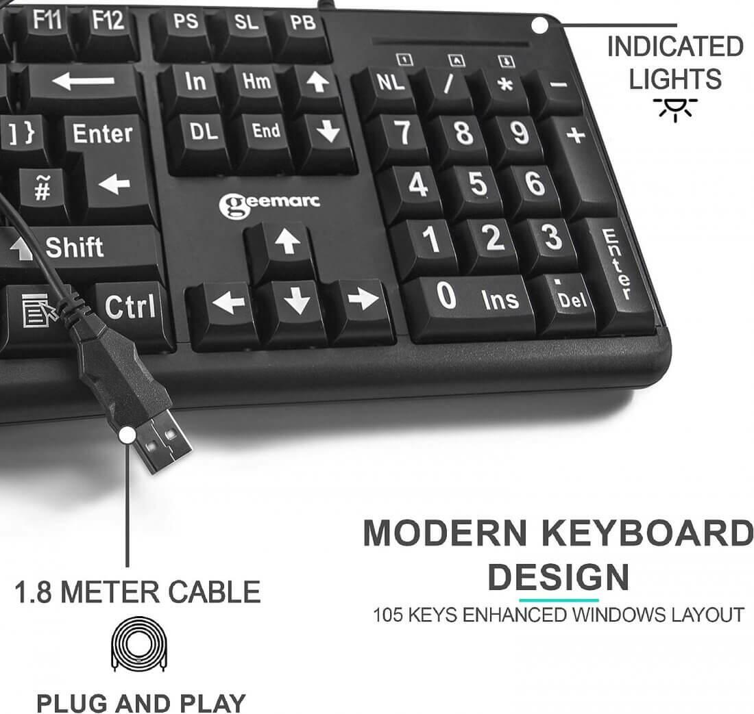 Big Letter Keyboard Black Keys with Large White Letters USB Play & Play