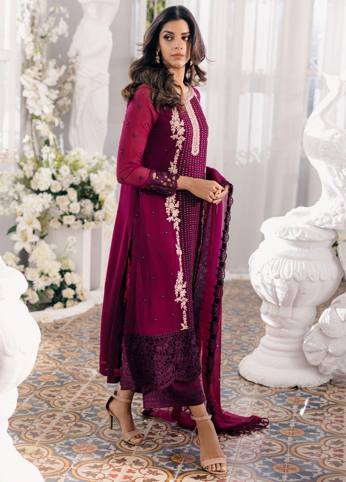 Merlot Muse Ensembles By Azure Embroidered Chiffon Suits Festive Collection