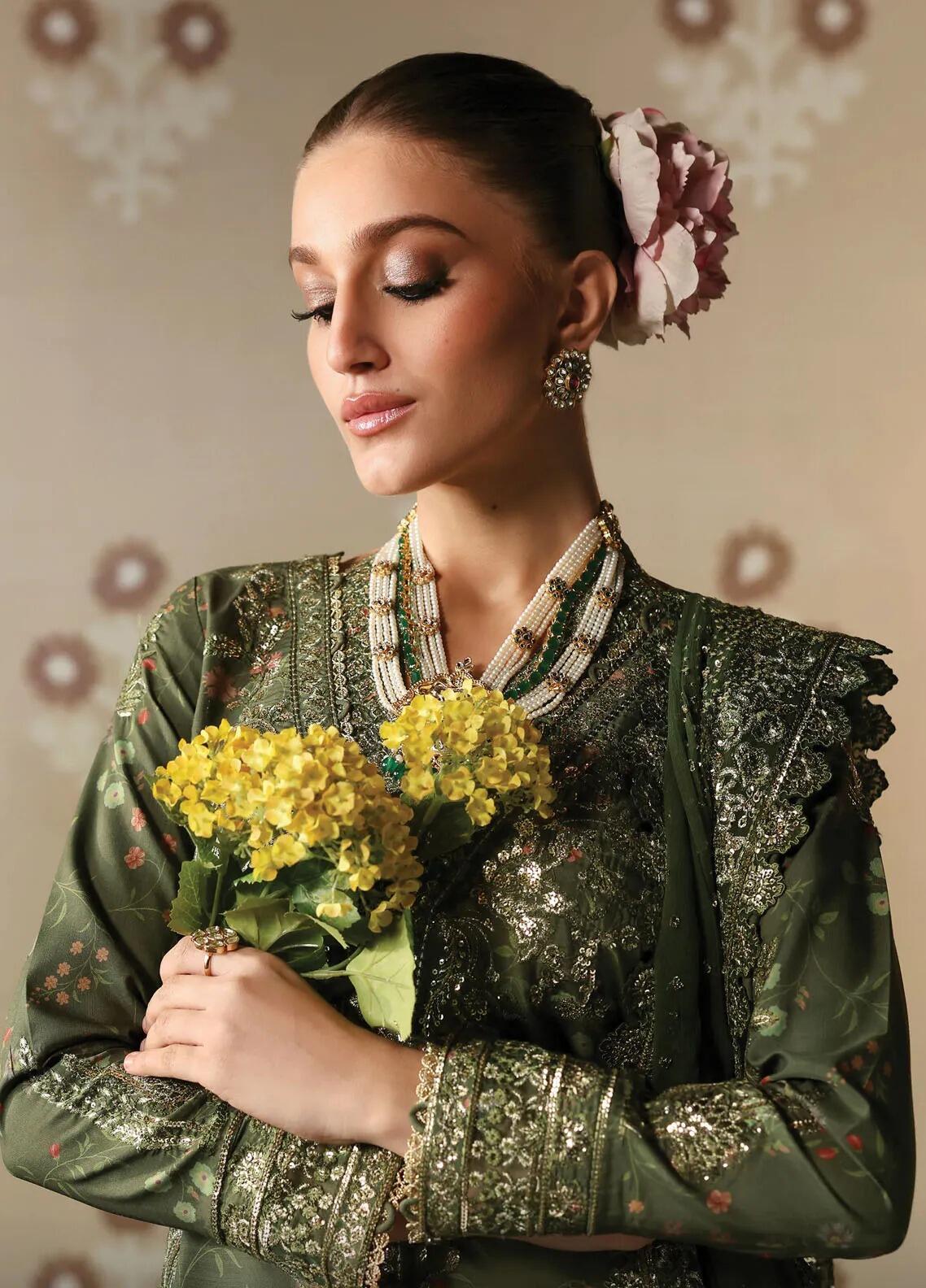 Zeba by Afrozeh Embroidered Olive Green Silk Suits Formals Collection