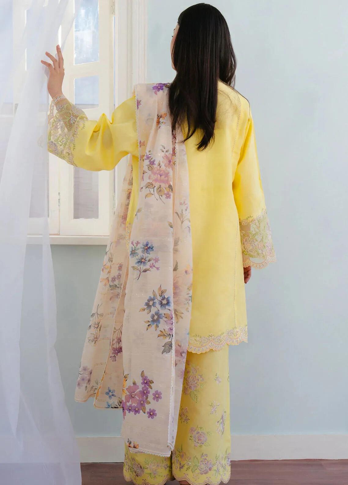 D8A Meadow Coco By Zara Shahjahan Yellow Embroidered Jacquard Suits