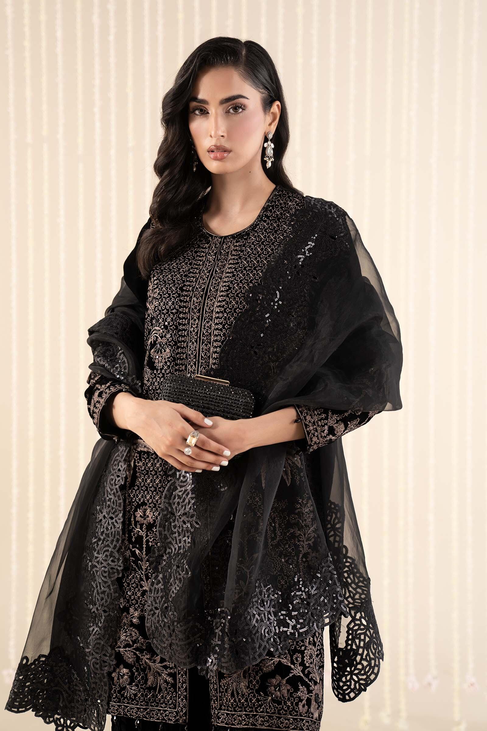 SF-W25-12 Maria b Luxury Formal Pret Black Embroidered Velvet Dress
