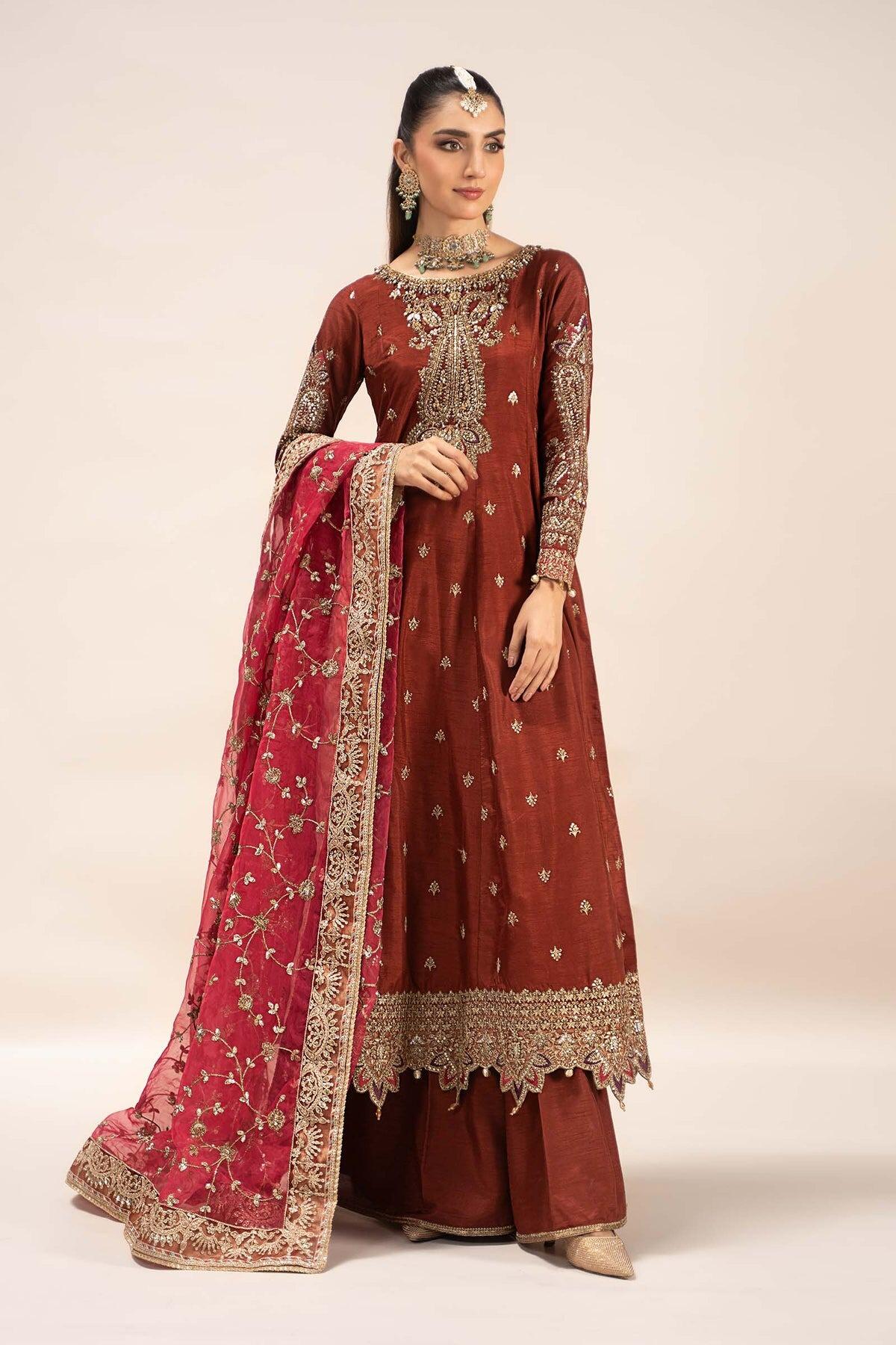 SF-EF25-02 Maria b Luxury Formal Eid Pret Rust Embroidered Raw Silk Dress