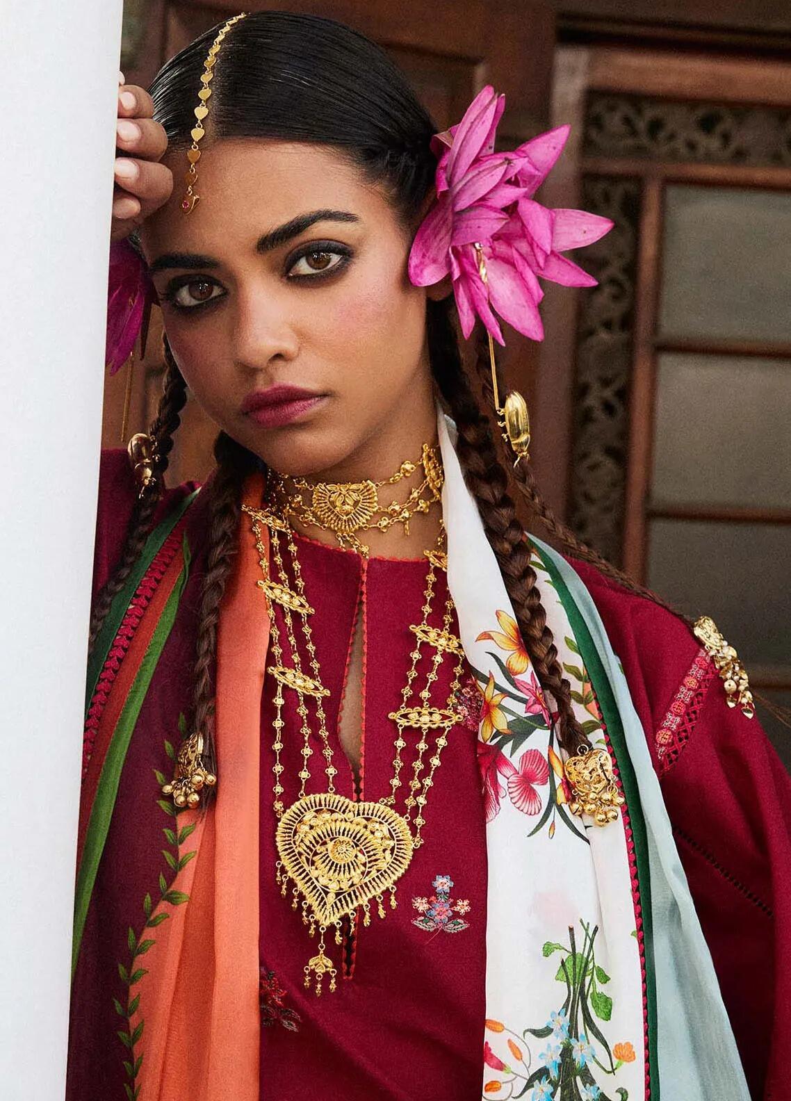 D-06 Kunar Jugnu by Hussain Rehar Red Embroidered Cotton Suits Silk Dupatta