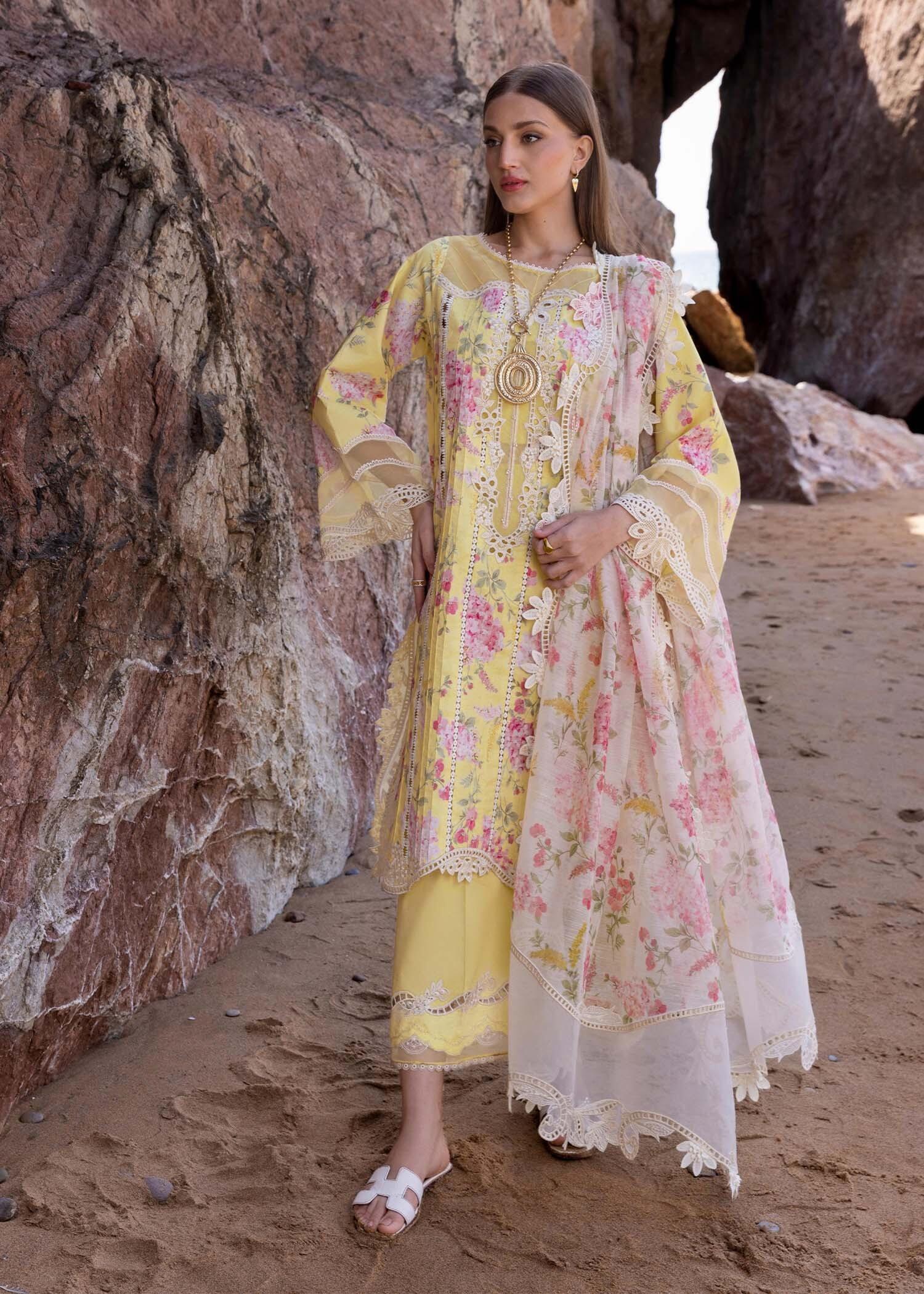 Who'S That Girl - D3 A Flow by Crimson Saira Shakira Light Yellow Embroidered Summer Suits