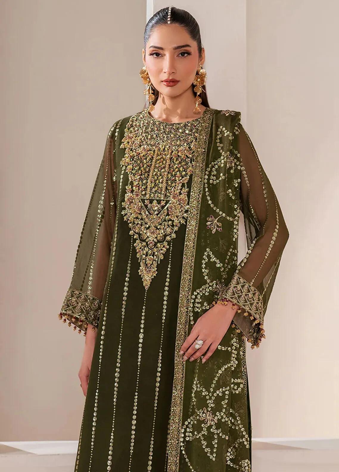D-4033 Olivia Reena by Alizeh Fashion Olive Green Embroidered Chiffon Suits