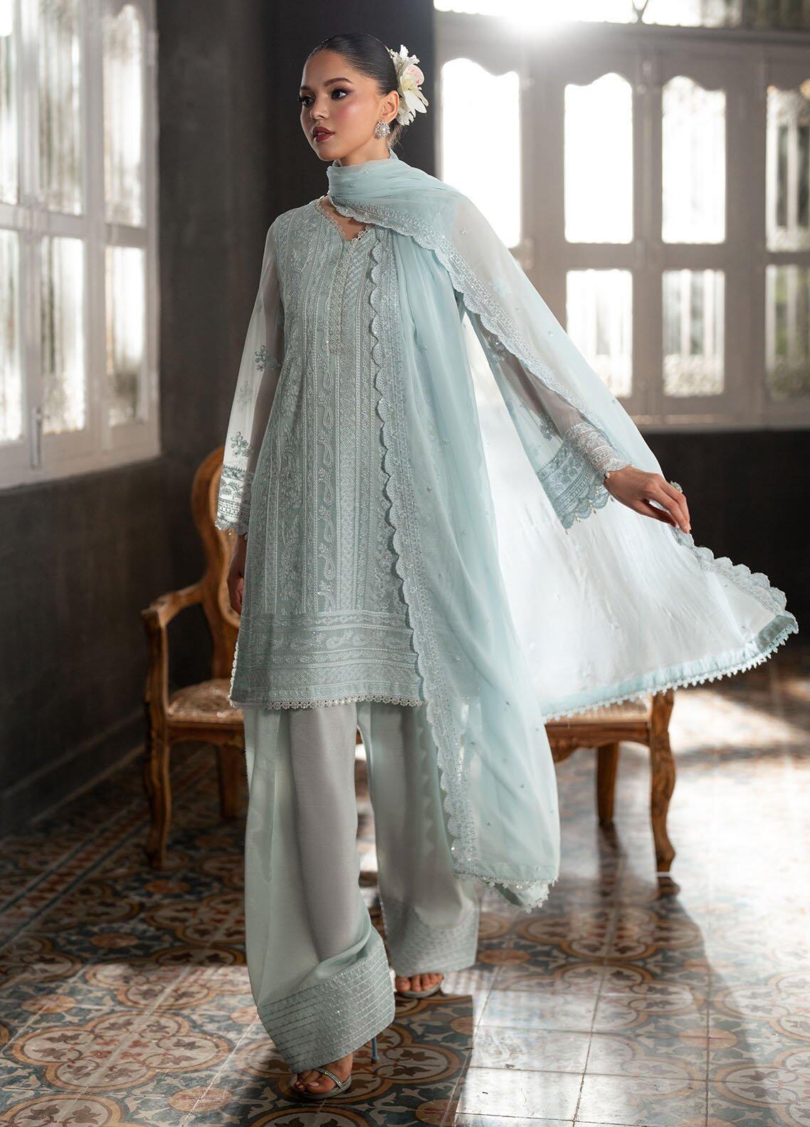 Icy Mist ES-107 Ensembles by Azure Light Blue Embroidered Chiffon Suits