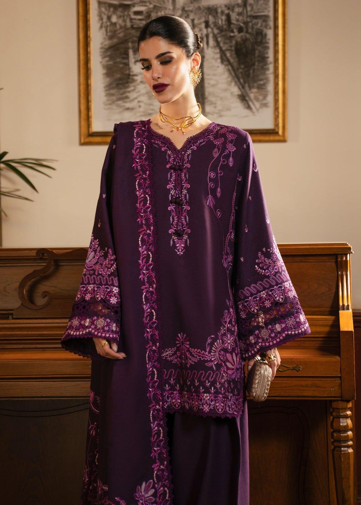 Roshanda Gulana by Kanwal Malik Plum Embroidered Karandi Suits