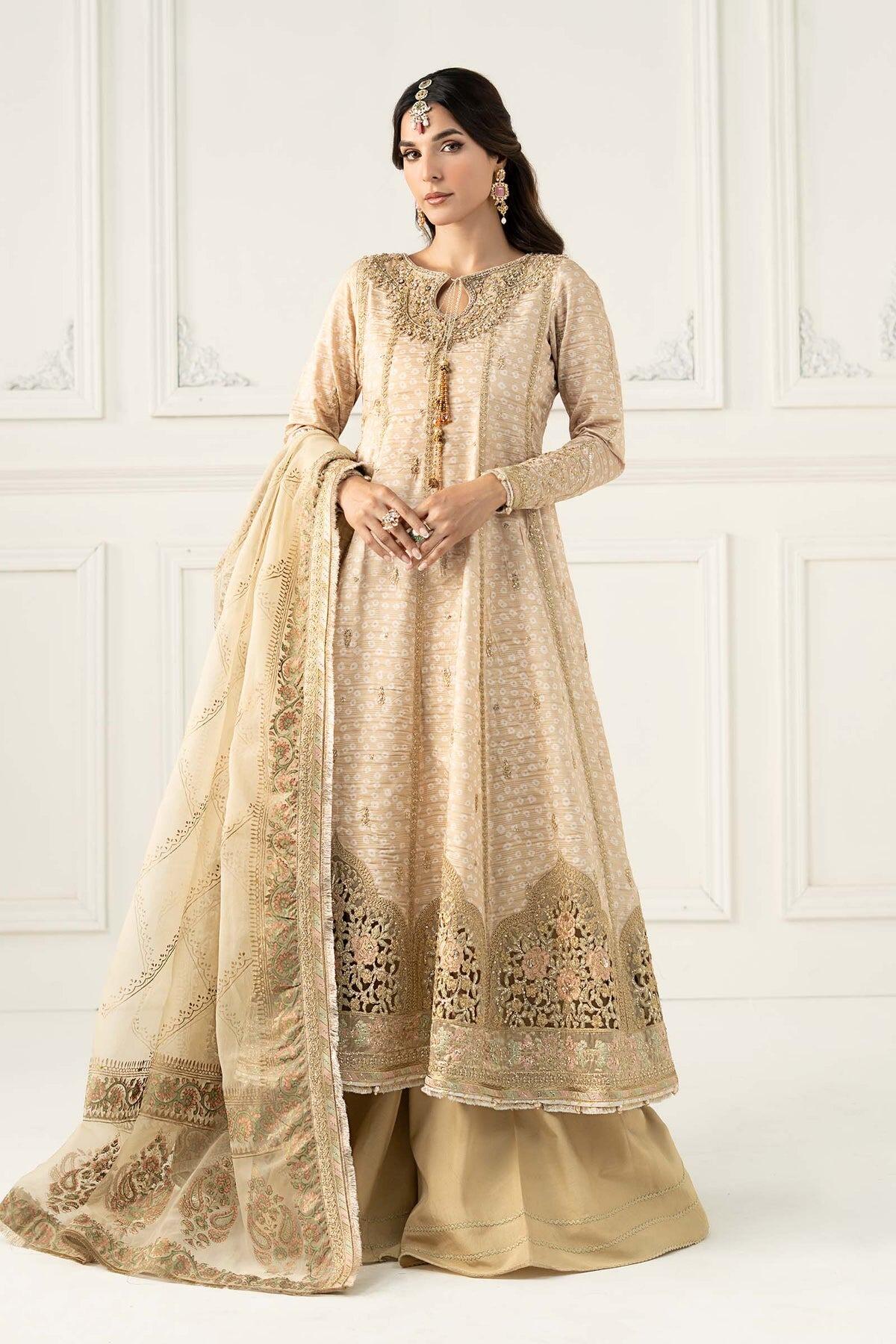 SF-EF25-32 Maria b Luxury Formal Pret Beige Embroidered Raw Silk Frock ...