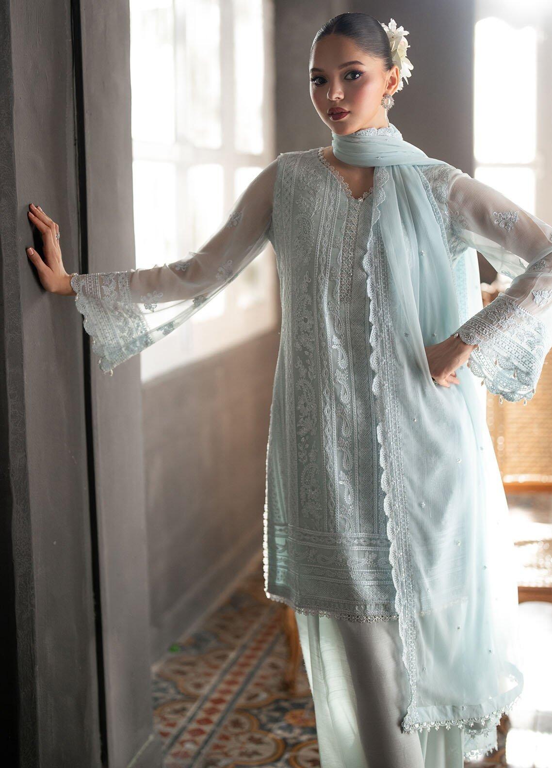 Icy Mist ES-107 Ensembles by Azure Light Blue Embroidered Chiffon Suits