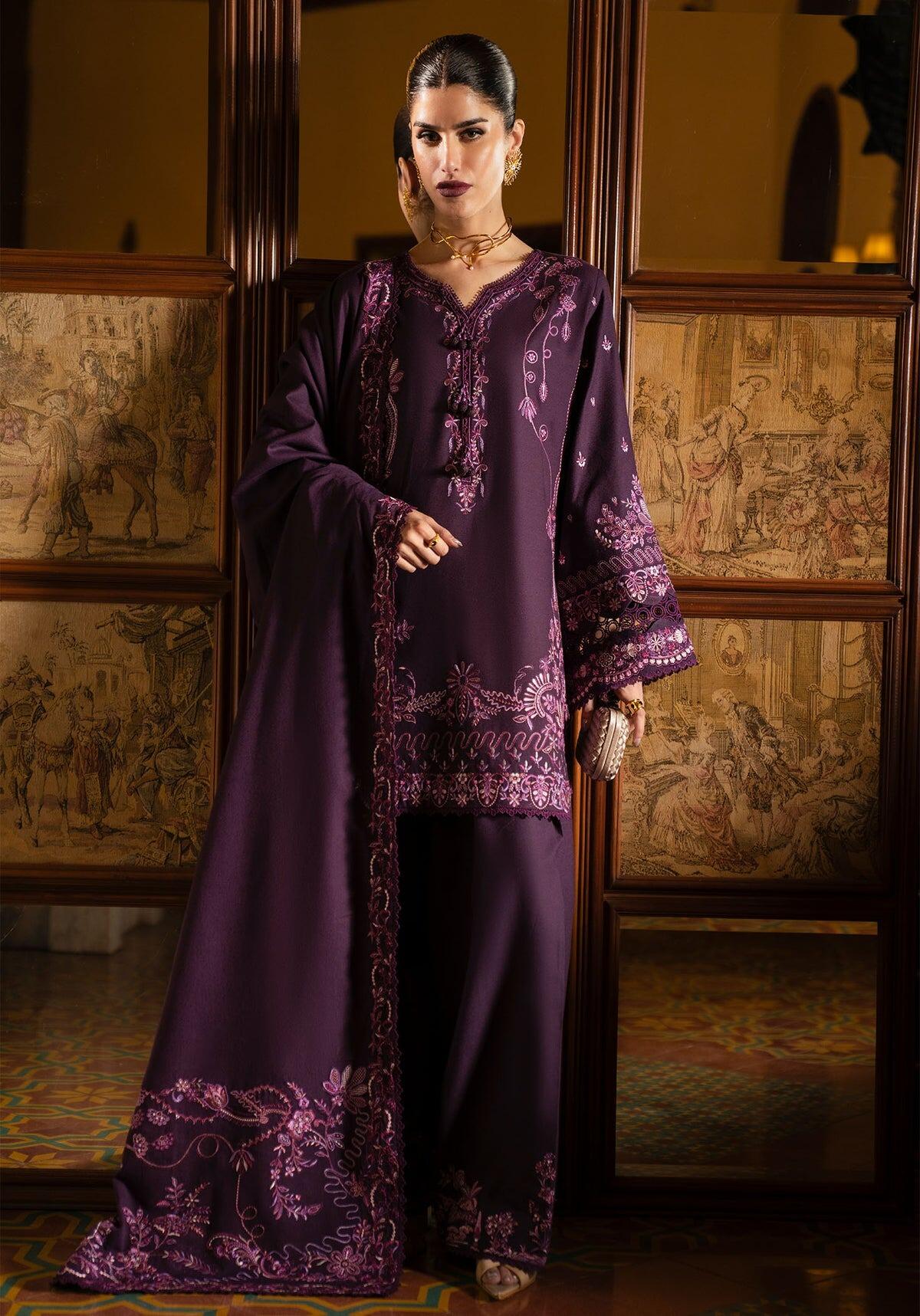 Roshanda Gulana by Kanwal Malik Plum Embroidered Karandi Suits