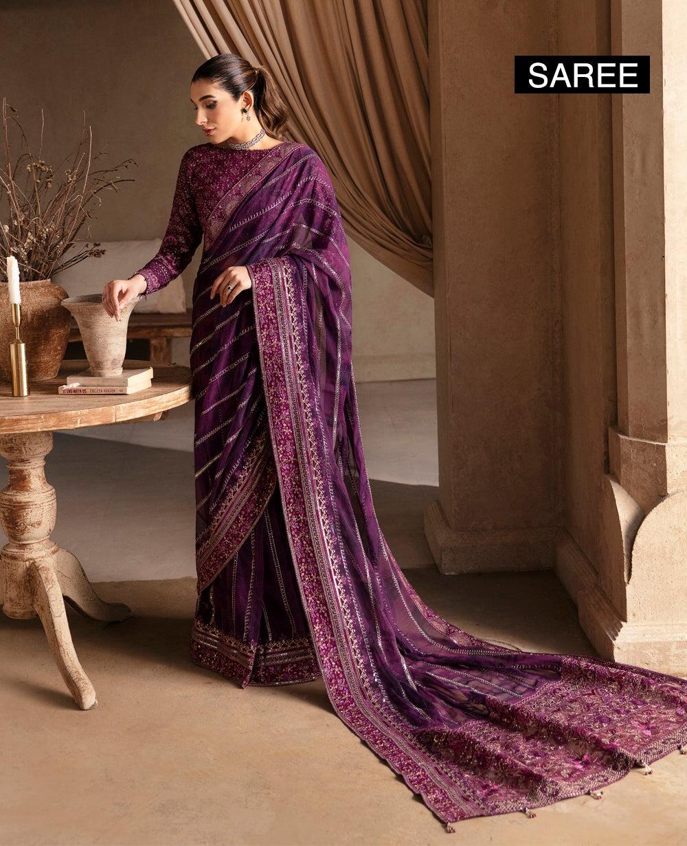 Khulat By Yesfir Xenia Formel Embroidered Raw Silk Chiffon Saree 2024