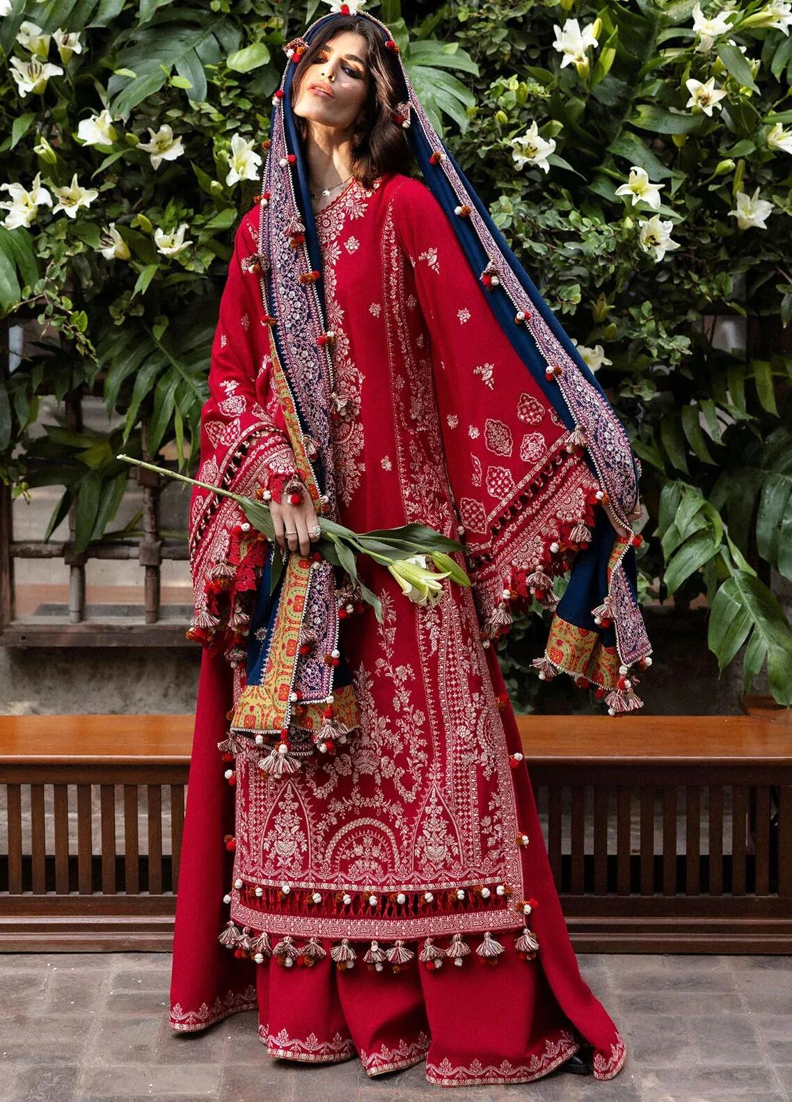 Aman Hussain Rehar Embroidered Red Karandi Suit Winter Collection