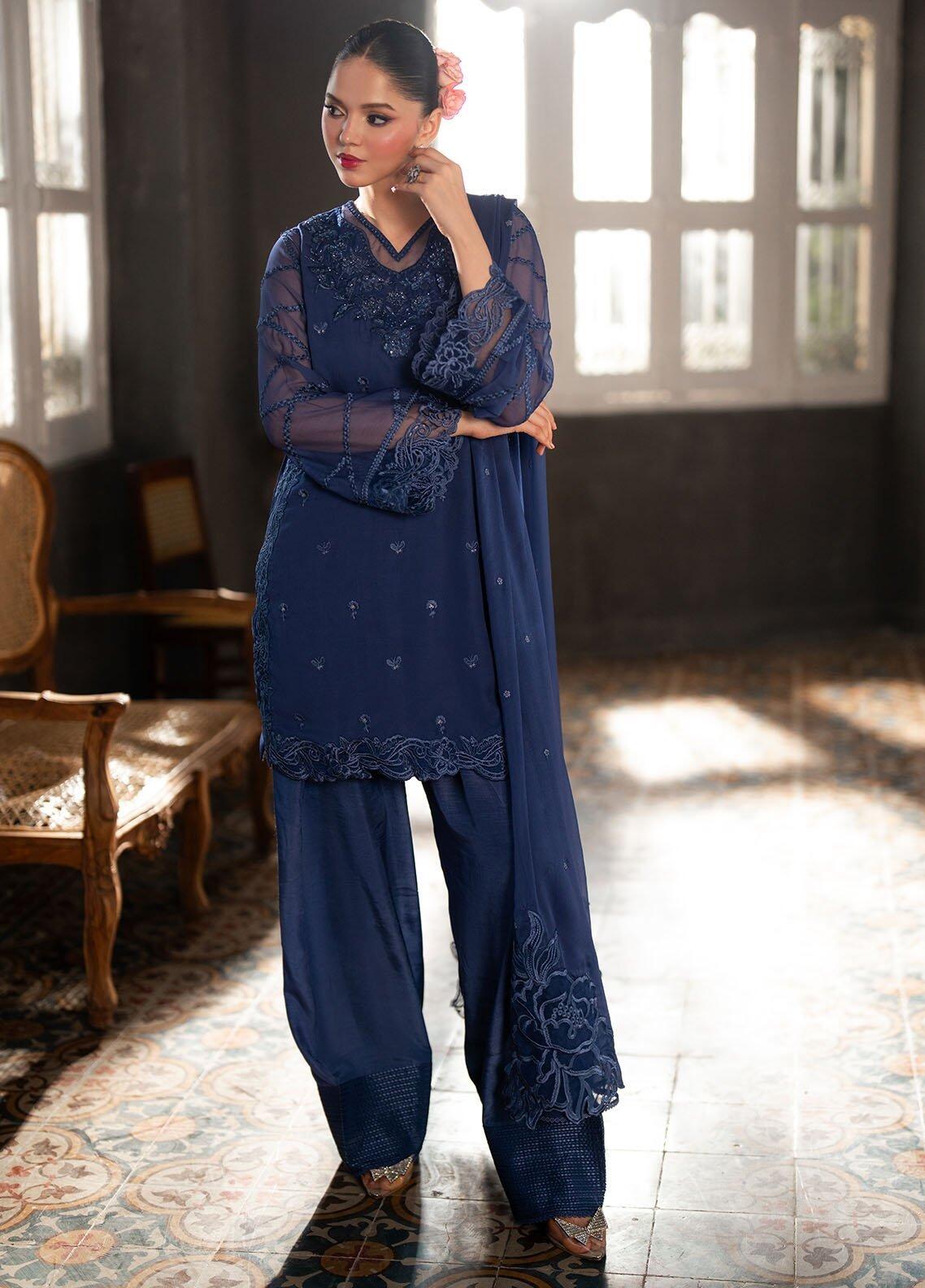 Cobalt Haze ES-108 Ensembles by Azure Cobalt Blue Embroidered Chiffon Suits