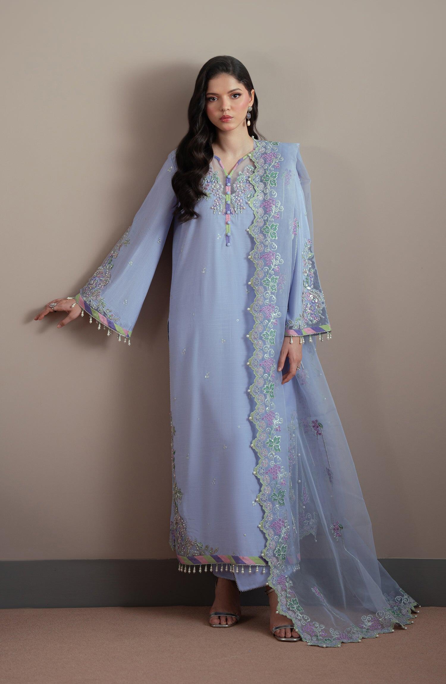 Elvin by Fabiha Fatima Iris Misty Blue Pret Embroidered Raw Silk Suit