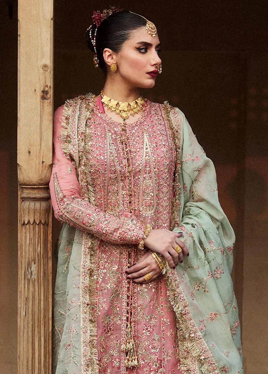 Aadoo Hussain Rehar Embroidered Pink Organza Gown Dress Formal Collection