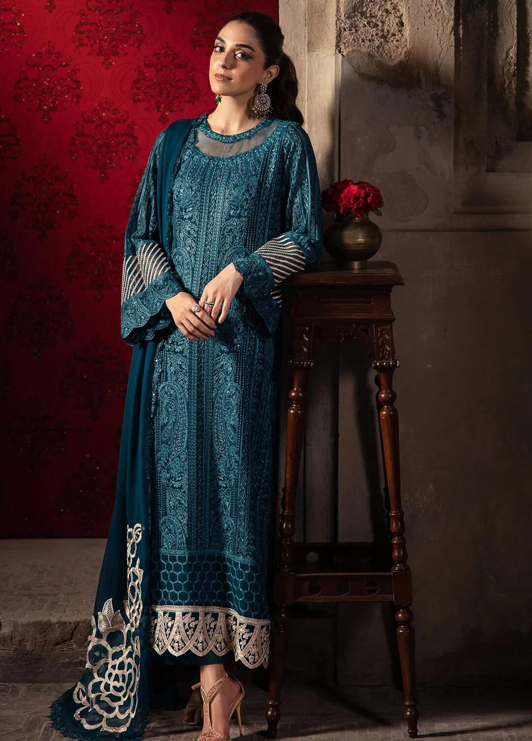 Emerald Grace Luxe By Azure Embroidered Teal Green Chiffon Suit Formal ...