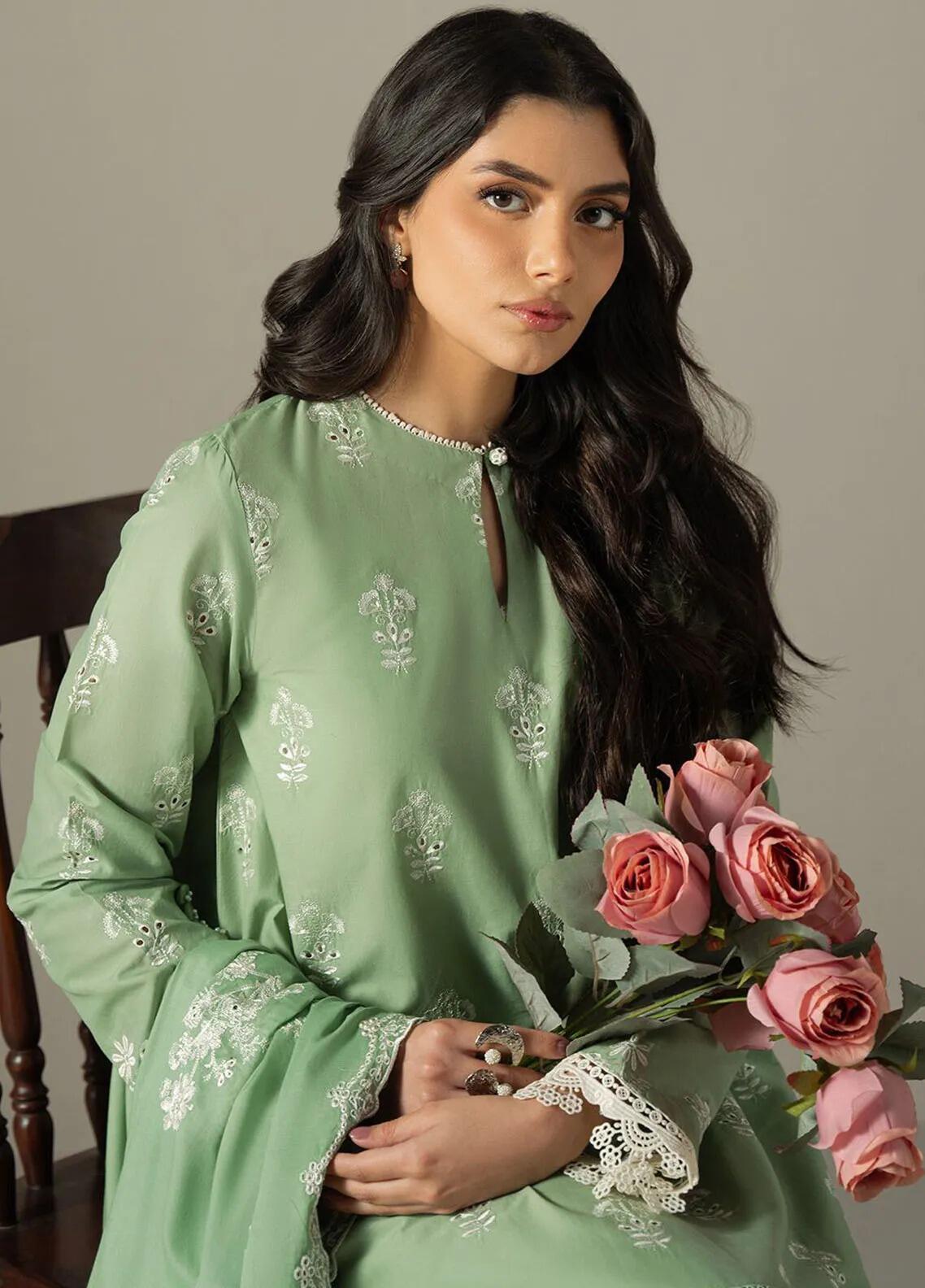 Sage Green Cross Stitch Embroidered Green Lawn Suit Lawn Dupatta