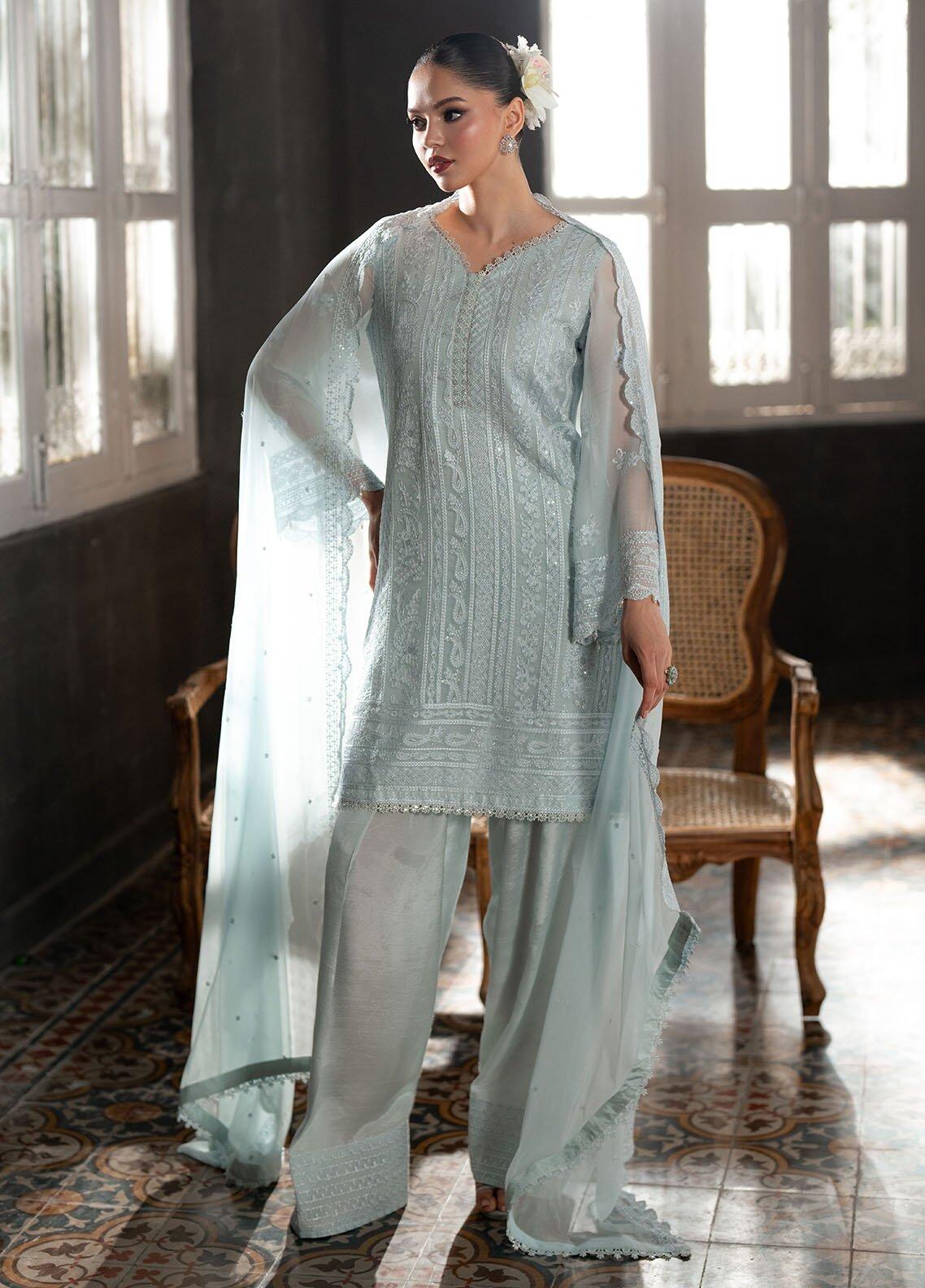 Icy Mist ES-107 Ensembles by Azure Light Blue Embroidered Chiffon Suits