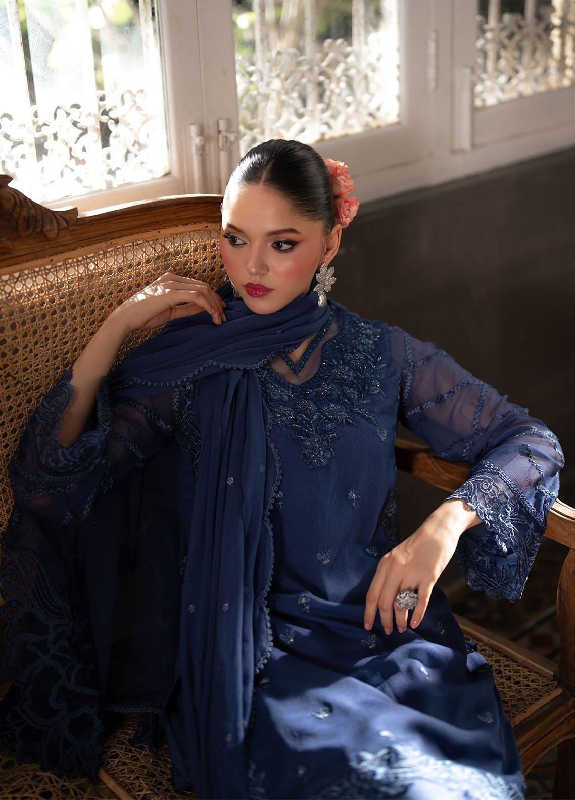 Cobalt Haze ES-108 Ensembles by Azure Cobalt Blue Embroidered Chiffon Suits