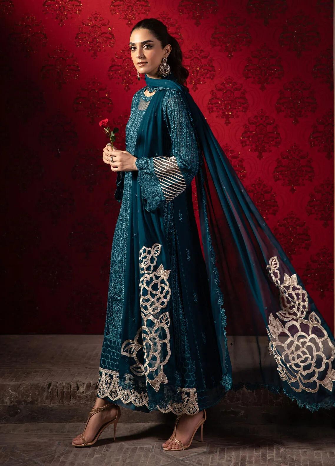 Emerald Grace Luxe By Azure Embroidered Teal Green Chiffon Suit Formal ...