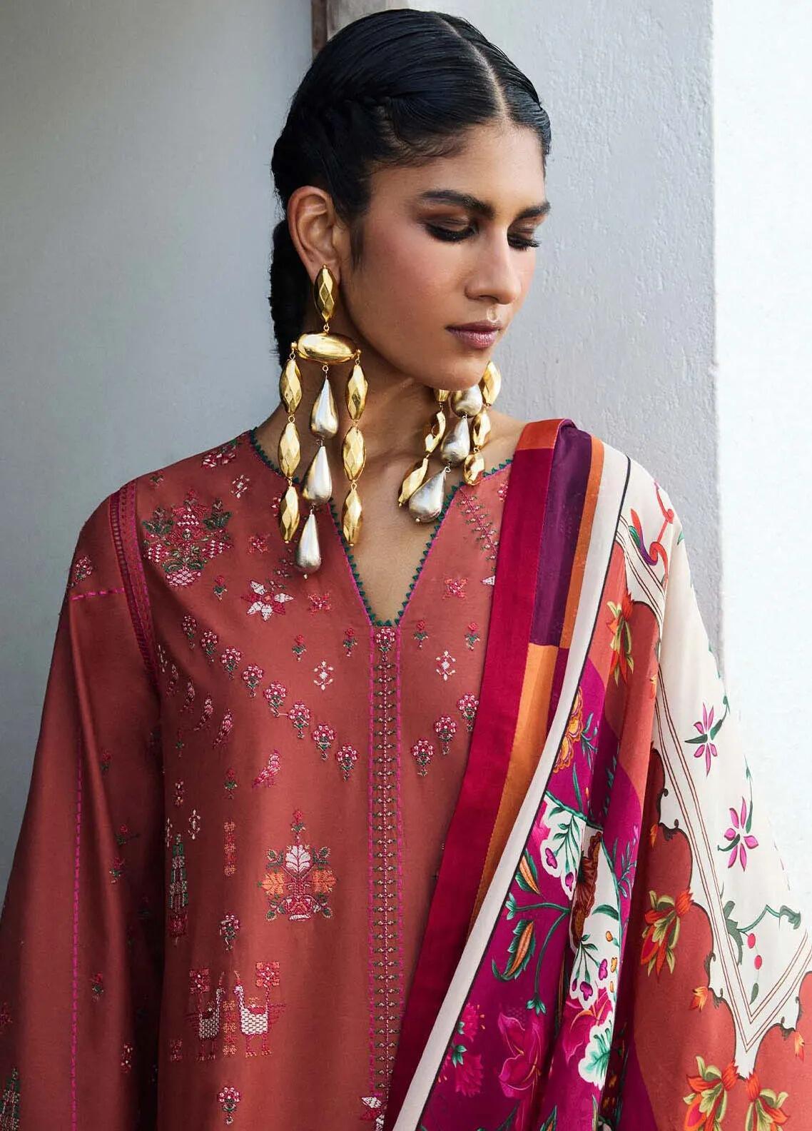 D-07 Panjnad Jugnu by Hussain Rehar Orange Ivory Embroidered Cotton ...
