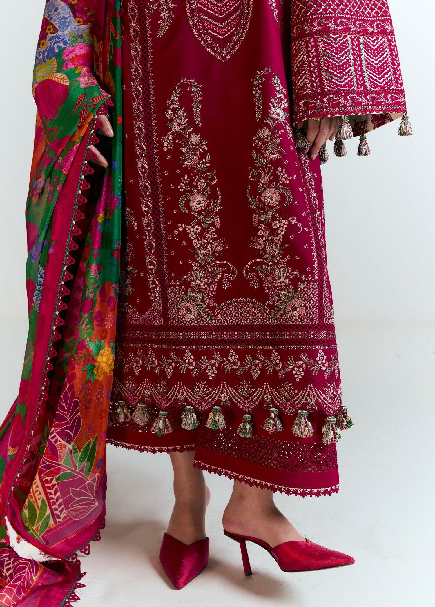 Saaha Nirmal by Hussain Rehar Red Embroidered Lawn Suits