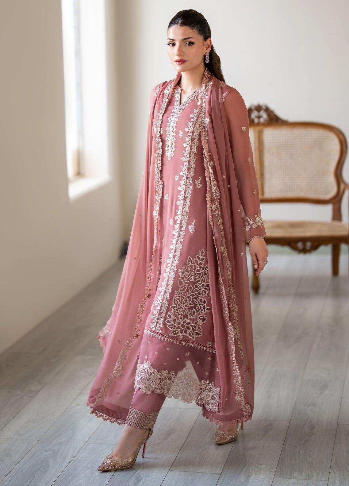 Rosy Ember ES-102 Ensembles by Azure Tea Pink Embroidered Chiffon Suits