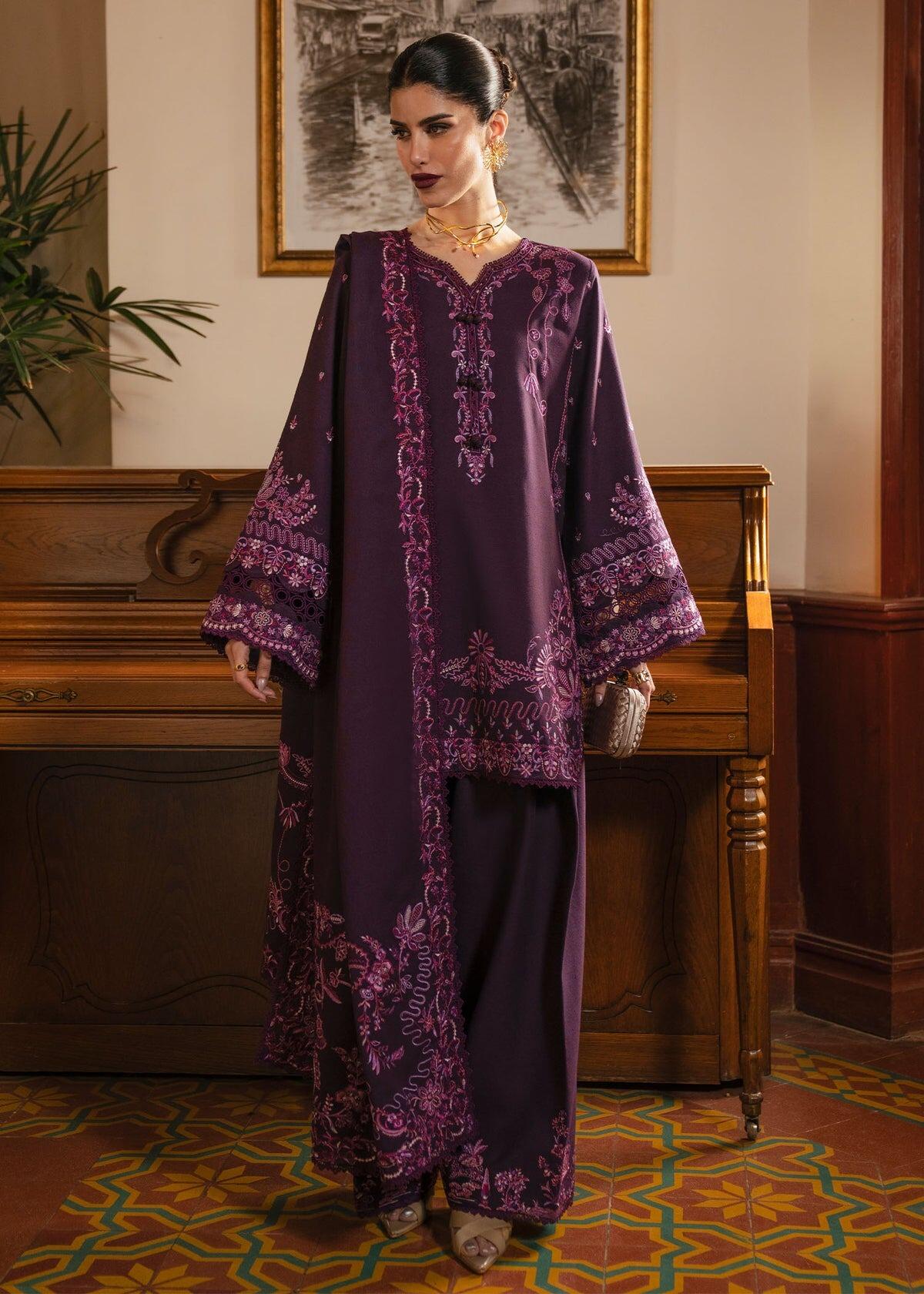 Roshanda Gulana by Kanwal Malik Plum Embroidered Karandi Suits