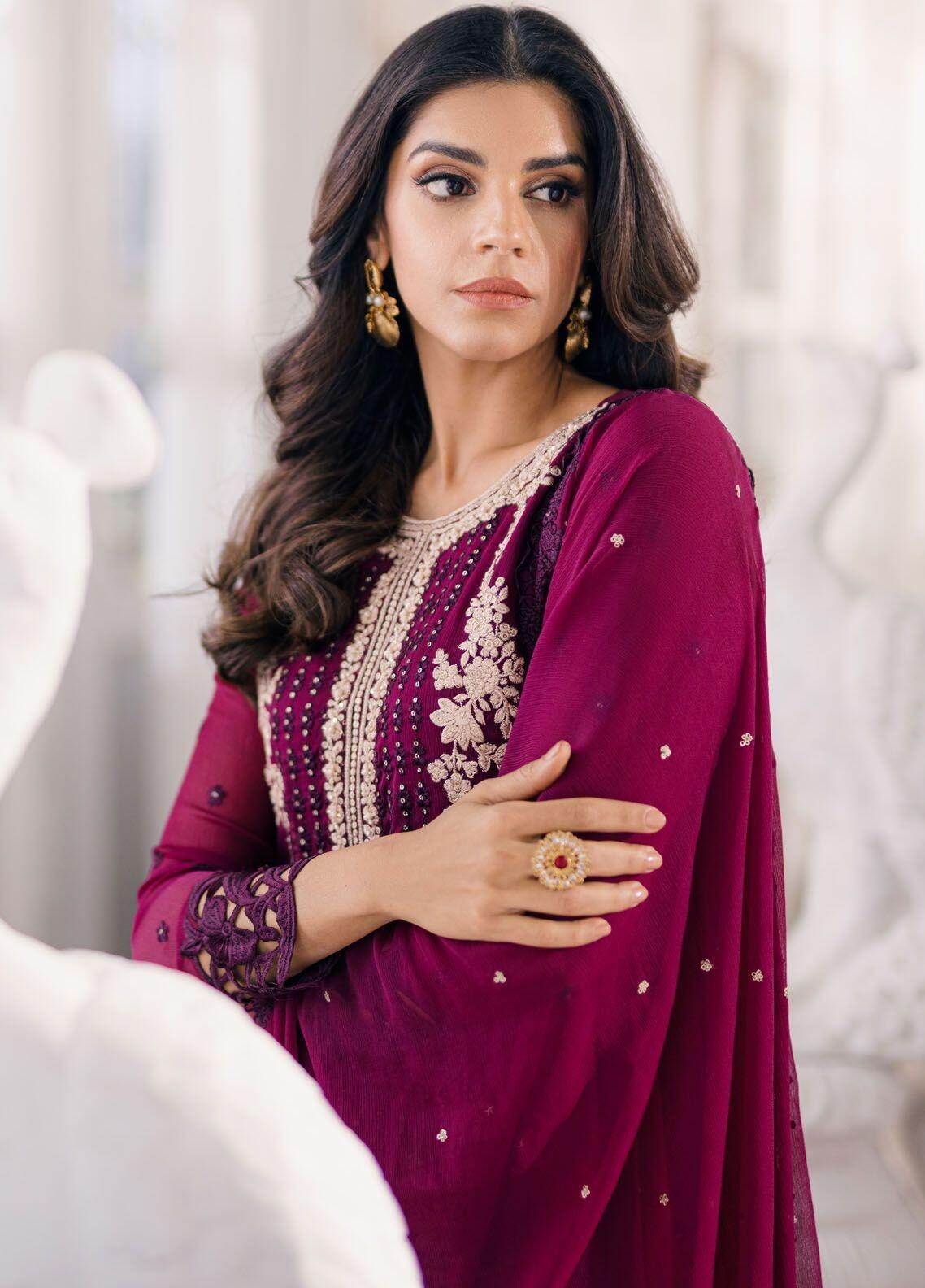 Merlot Muse Ensembles By Azure Embroidered Chiffon Suits Festive Collection