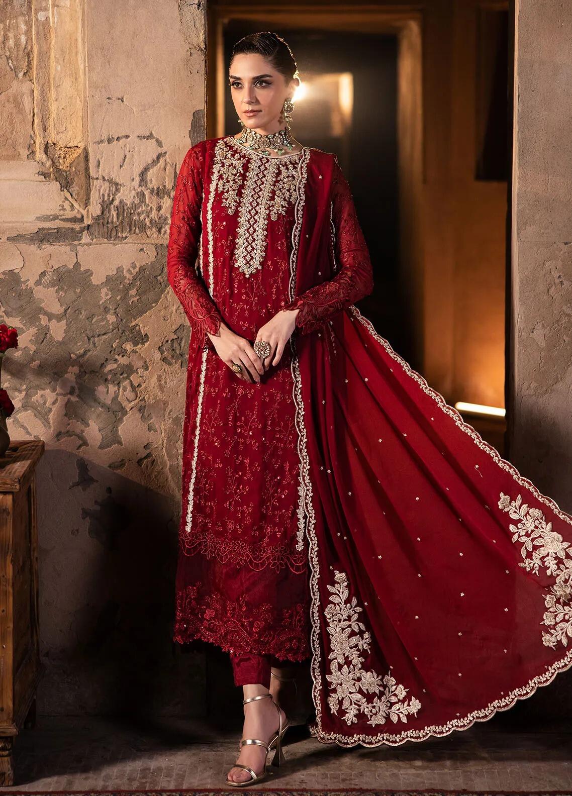 Royal Crimson Luxe By Azure Embroidered Burgundy Chiffon Suit Formal Dress