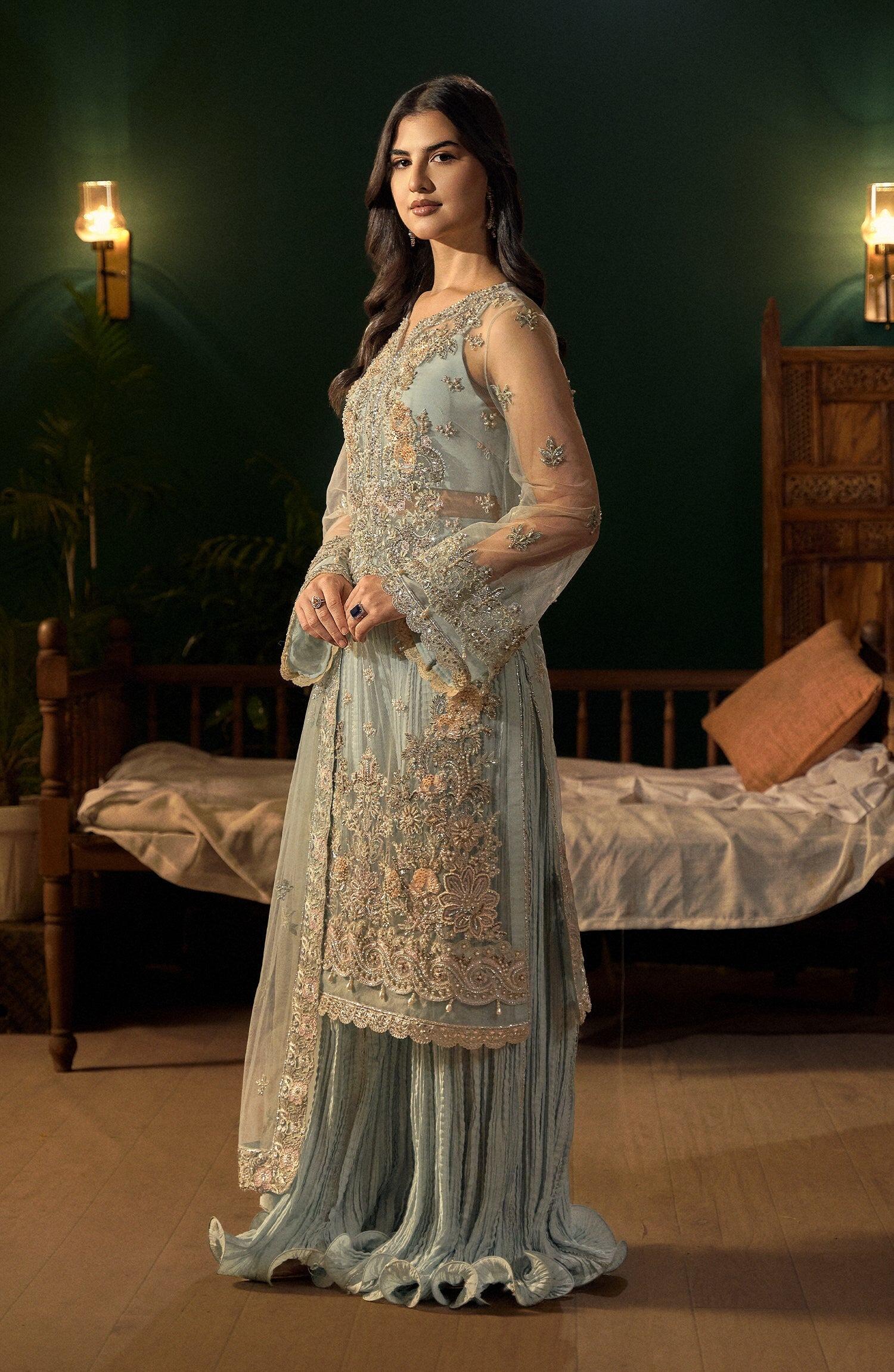 Aquamarine Mehar o Maah by Fabiha Fatima Luxury Embroidered Net Dress