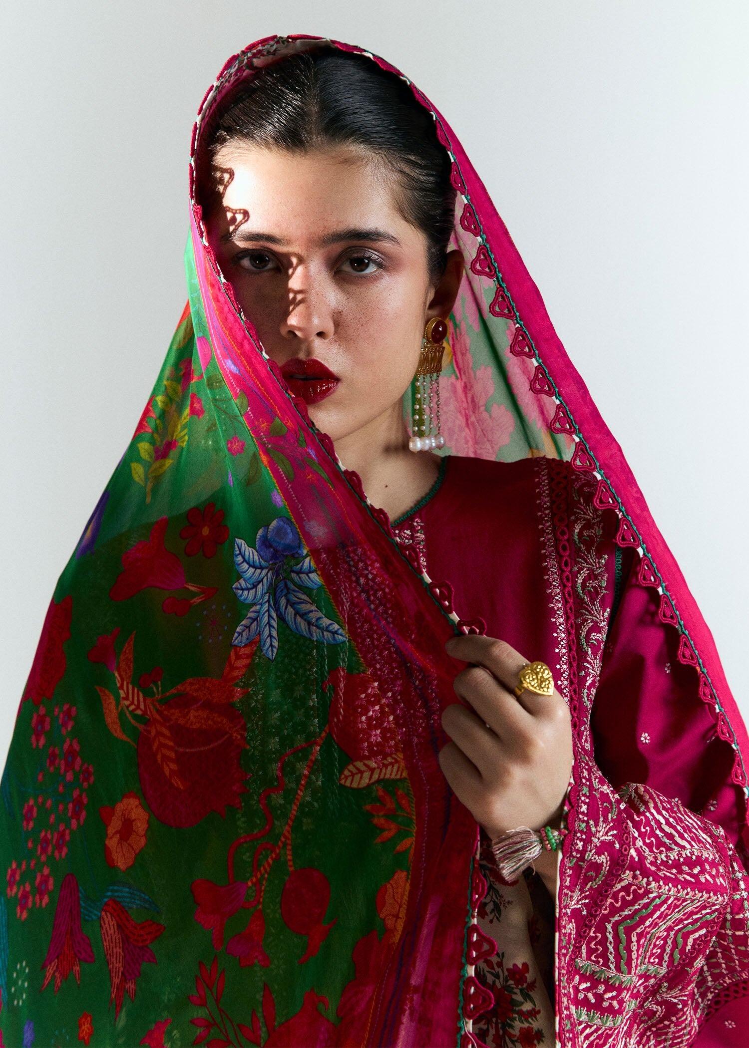 Saaha Nirmal by Hussain Rehar Red Embroidered Lawn Suits