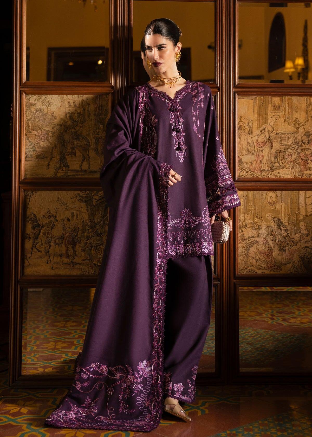 Roshanda Gulana by Kanwal Malik Plum Embroidered Karandi Suits