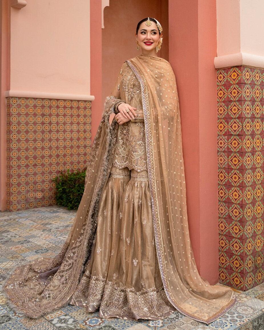 Gharara Golden Dress Neorah Wedding Festive Suits Net Golden Brown ...