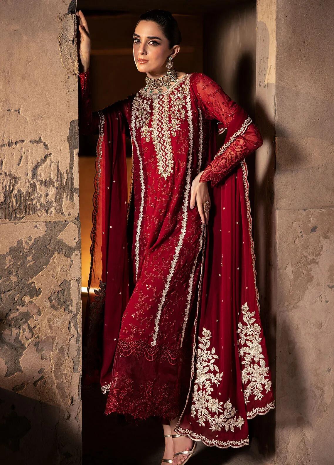 Royal Crimson Luxe By Azure Embroidered Burgundy Chiffon Suit Formal Dress